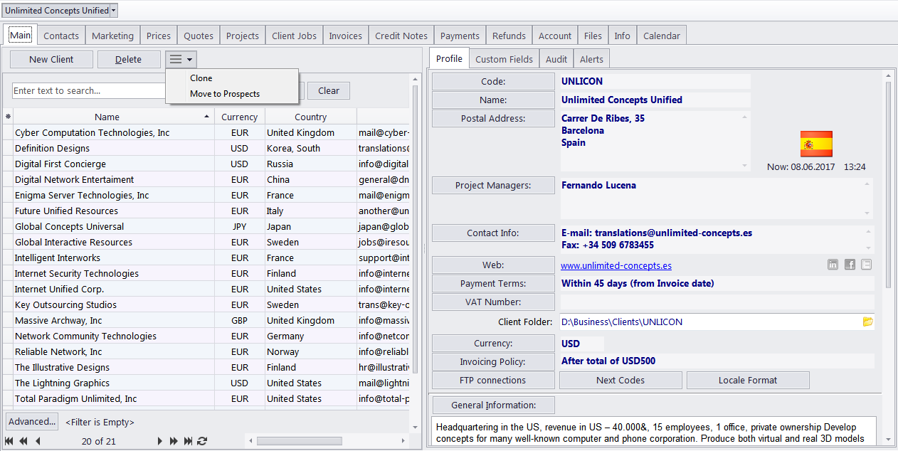 Main Tab of Client Window