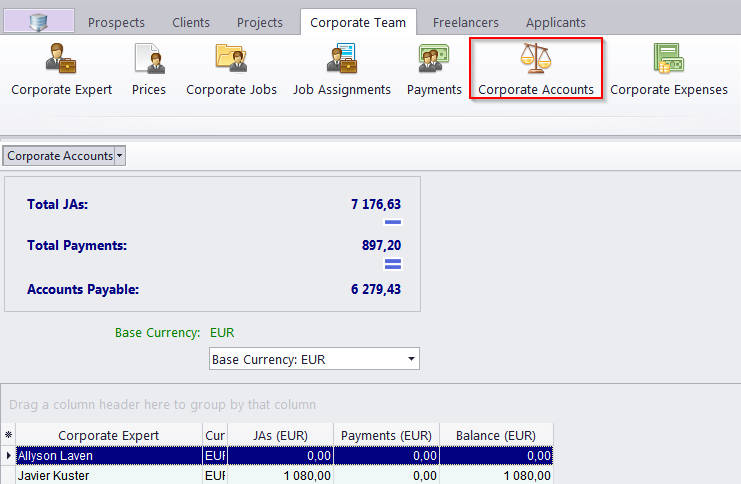 Corporate Expert Accounts Window