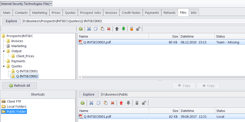 Files Tab of Prospect Window
